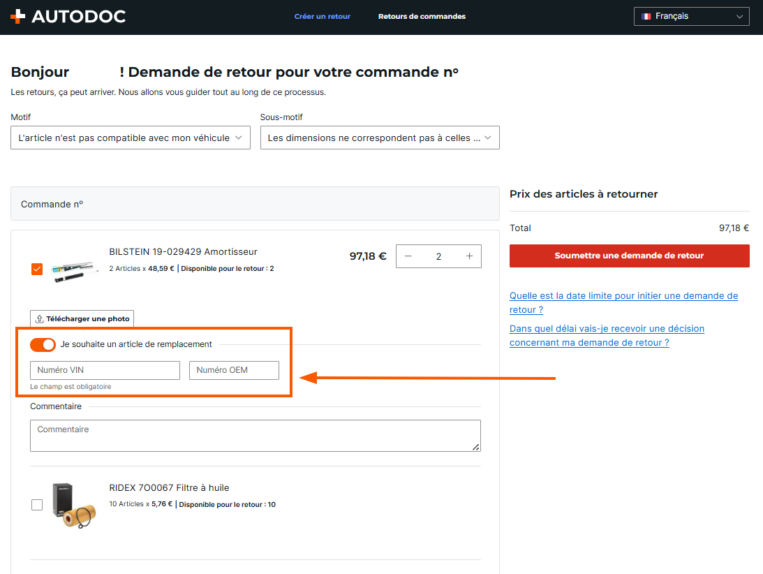Comment demander un retour | Help Center - Autodoc BE_fr