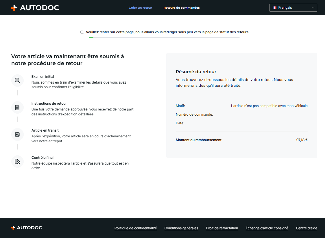 Comment demander un retour | Help Center - Autodoc BE_fr