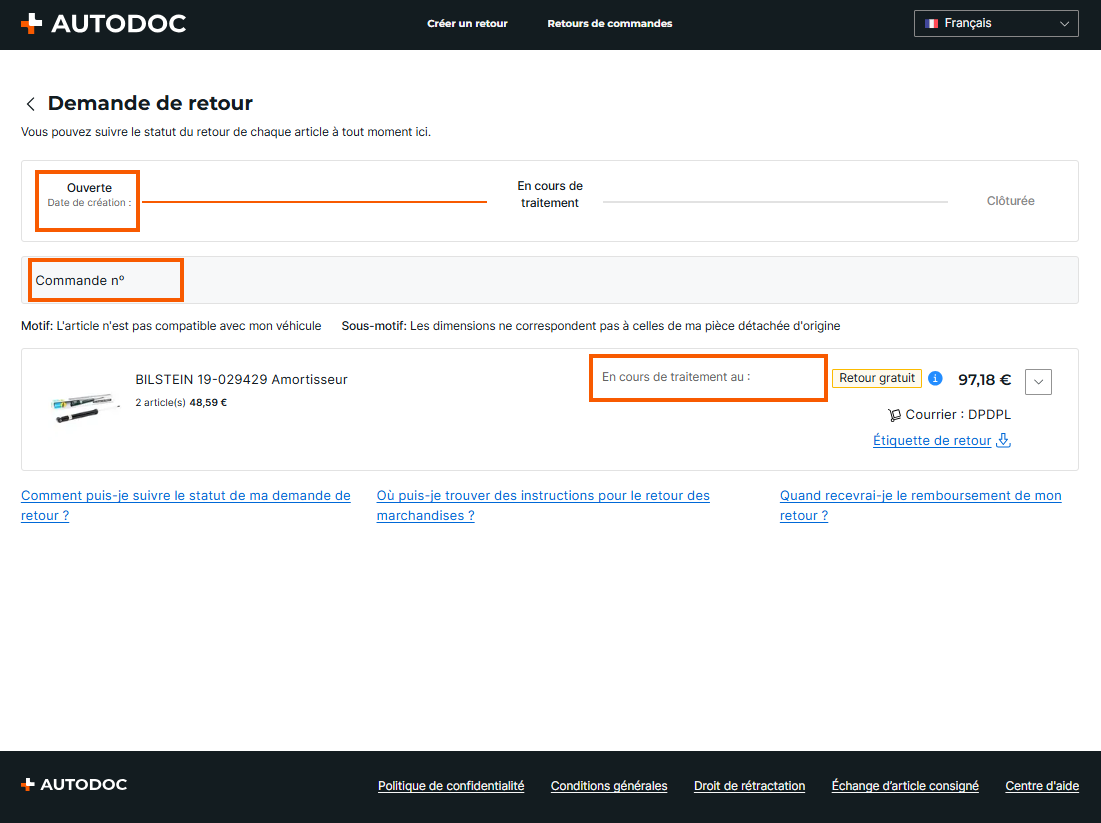 Comment demander un retour | Help Center - Autodoc BE_fr