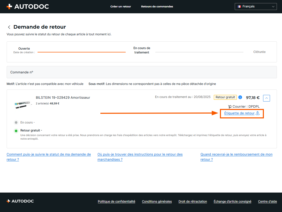 Comment demander un retour | Help Center - Autodoc BE_fr