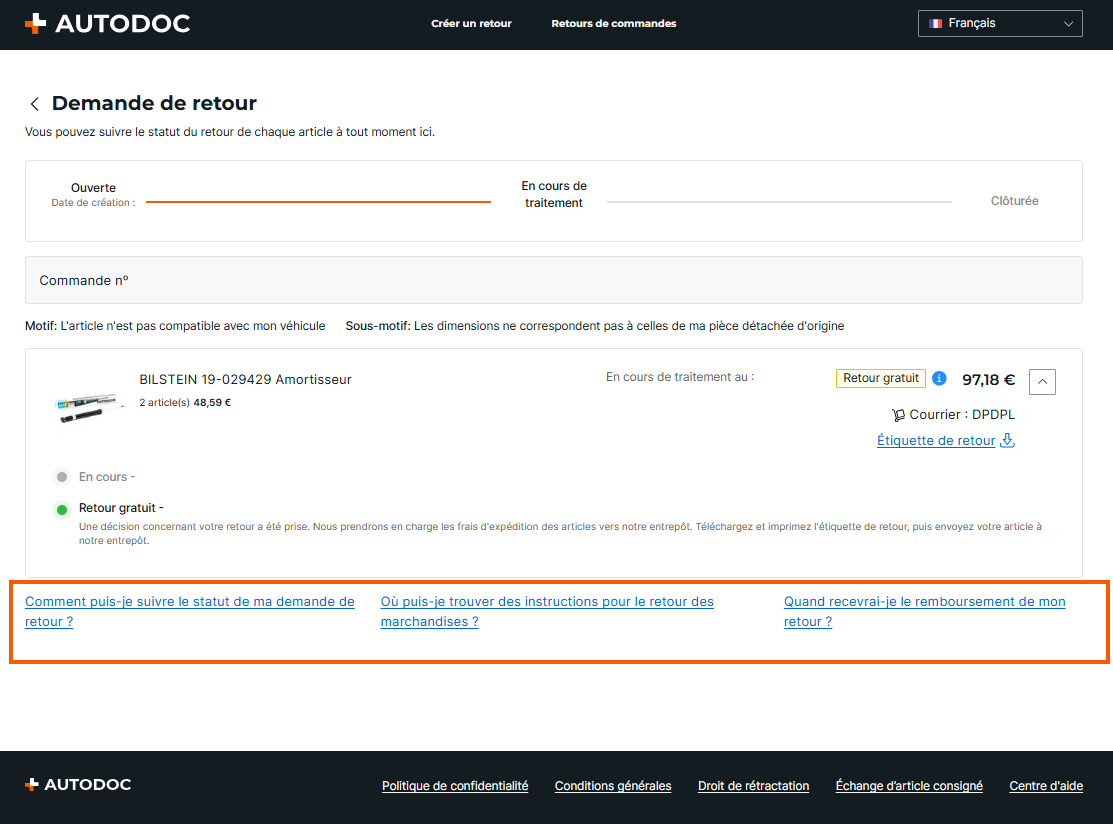Comment demander un retour | Help Center - Autodoc BE_fr