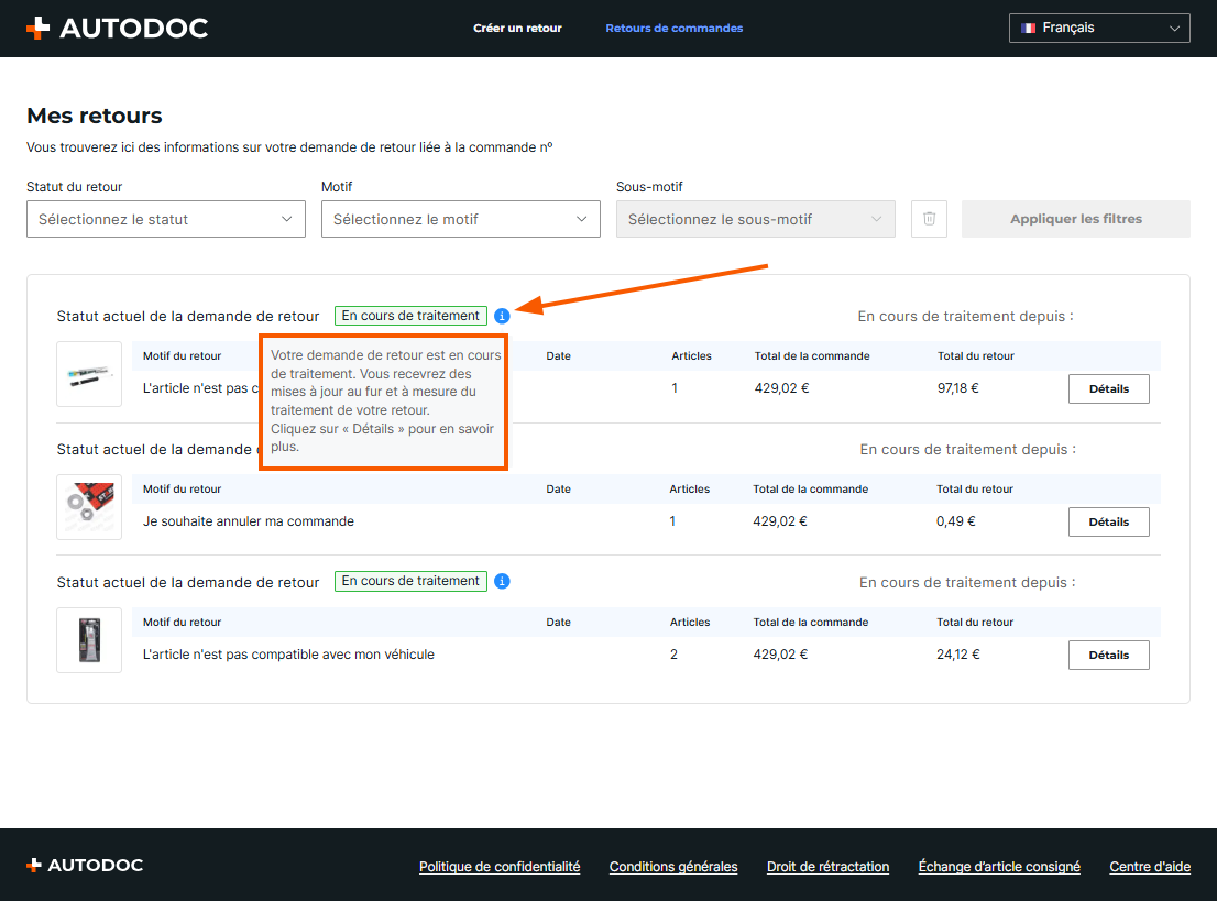 Comment demander un retour | Help Center - Autodoc BE_fr