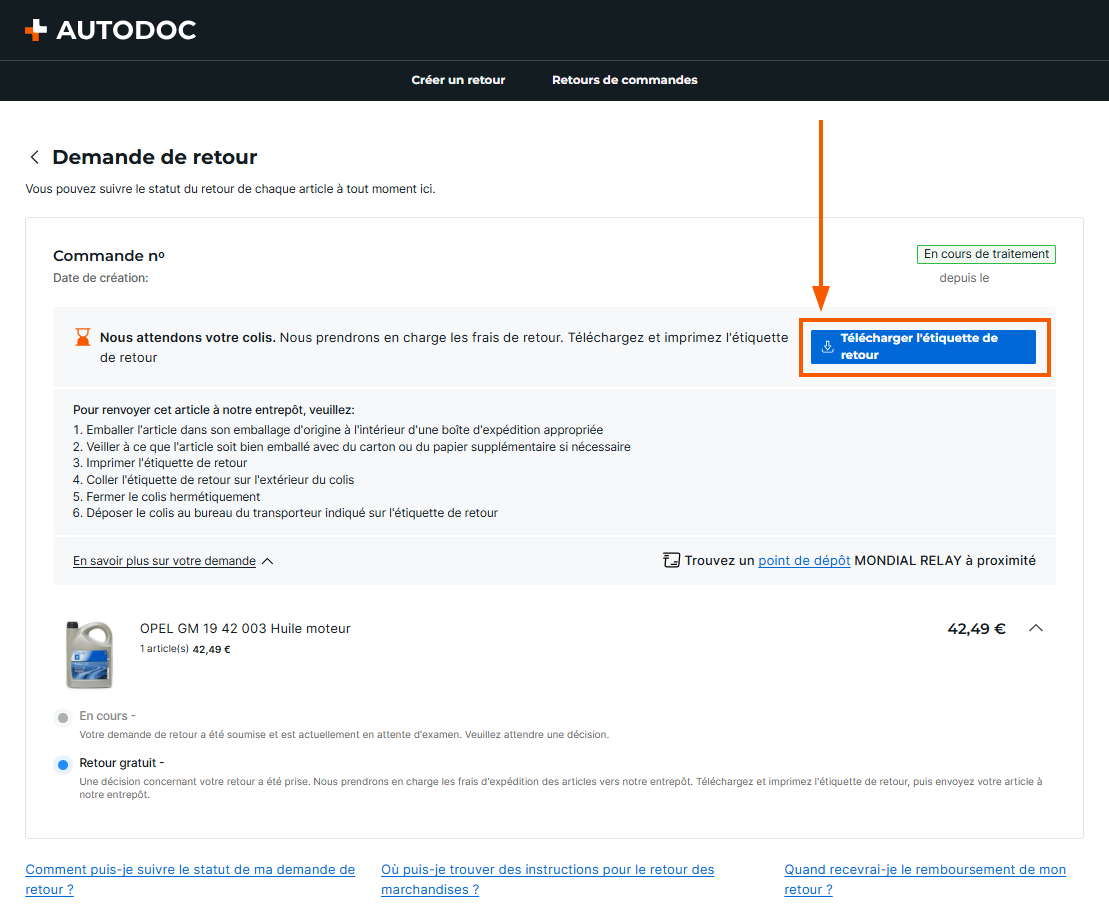 Comment demander un retour | Help Center - Autodoc FR